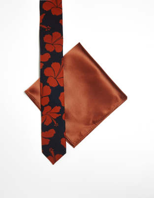 Devils Advocate tie in floral and pocket square in orange | ASOS