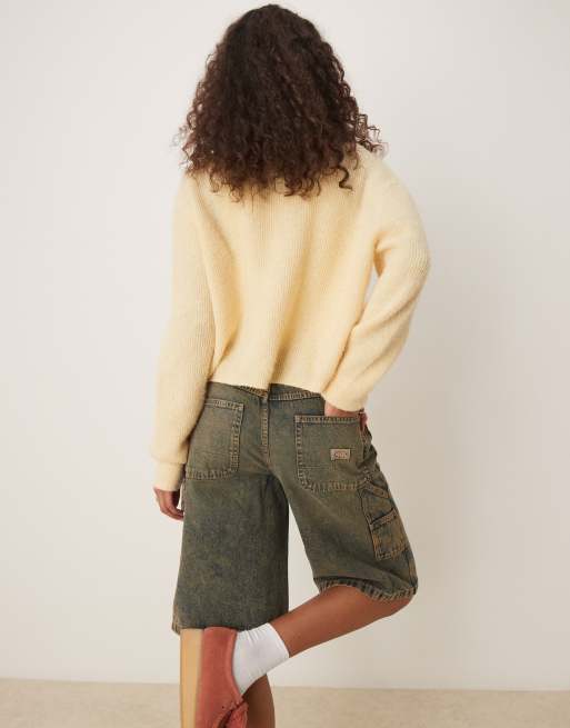 Dickies denim carpenter jorts in indigo with yellow fade | ASOS
