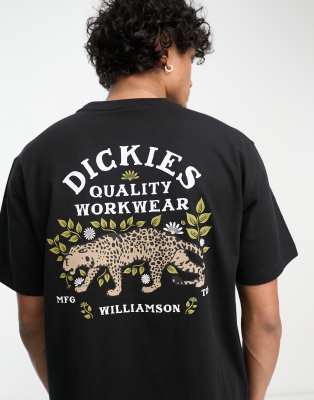 Dickies fort lewis leopard back print t-shirt in black | ASOS