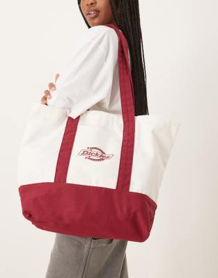 Dickies logo canvas tote bag in off white and burgundy | ASOS