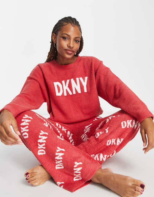 DKNY premium boucle knitted logo top and wide leg lounge set in red | ASOS