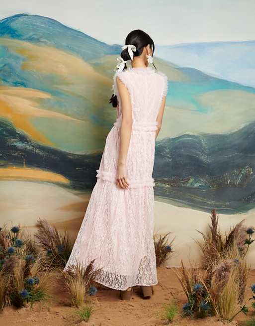 Dream Sister Jane bow detail frill lace maxi dress in powder Dream Sister Jane bow detail frill lace maxi dress in powder