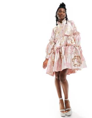Dream Sister Jane ruffle metallic jacquard mini dress in baby pink | ASOS