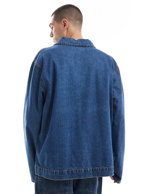 DTT denim short collar jacket in mid blue wash | ASOS