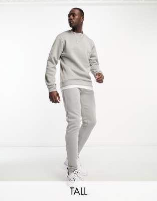 DTT Tall crew neck sweatshirt & jogger tracksuit set in light grey | ASOS