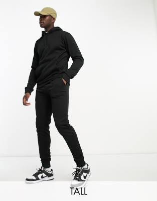 DTT Tall overhead hoodie & trackies tracksuit set in black | ASOS