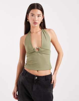 Edikted Billey metal ring halter top in olive | ASOS