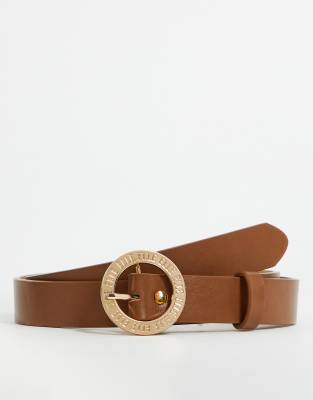 ELLE logo circle buckle belt in tan | ASOS