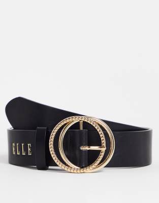 Elle logo double circle buckle belt in black | ASOS