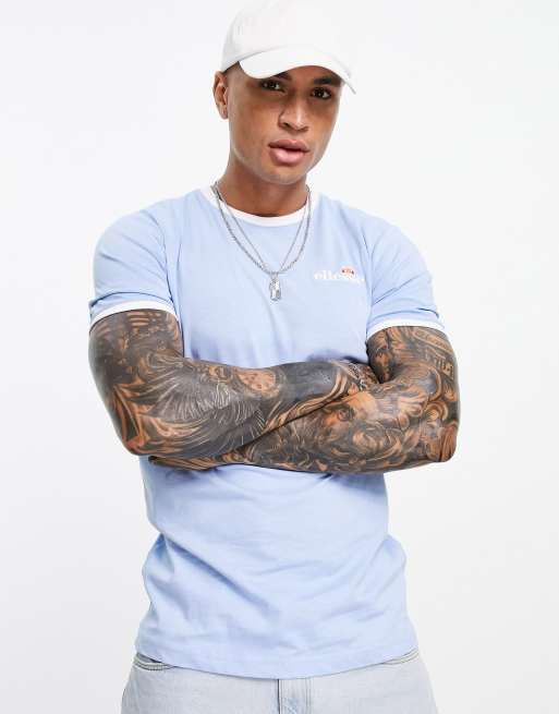 ellesse contrast ringer neck logo t-shirt in light blue | ASOS