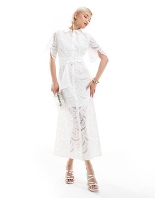 Elliatt Figwood button down midi shirt dress with belt in white | ASOS