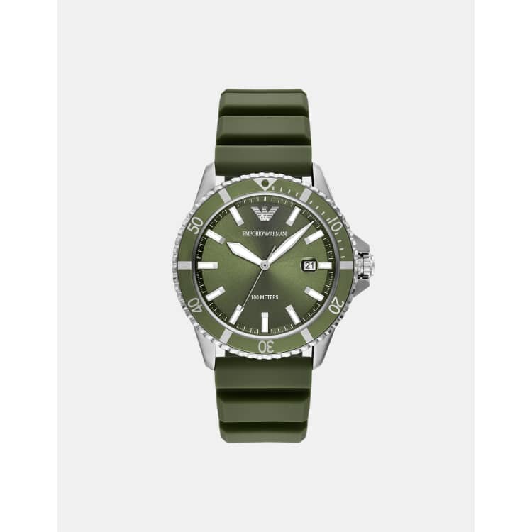 Emporio Armani World Explorer Montre en silicone a trois aiguilles avec cadran date Vert ASOS