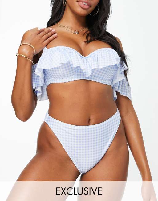 Esclusiva Peek & Beau Coppe Grandi - Top bikini con ferretto e spalle scoperte blu Gingham con ...
