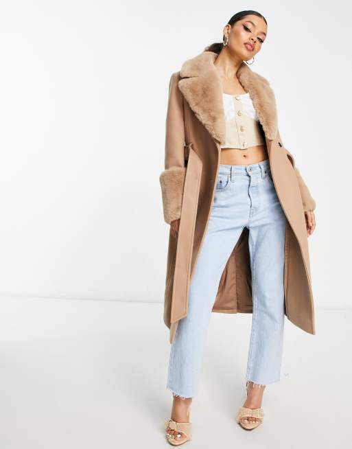 Ever New Petite faux fur midi coat in camel | ASOS