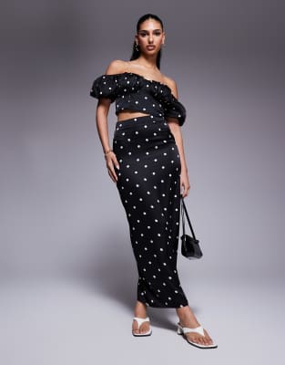 Exclusivité - Kaiia - Ensemble top à épaules dénudées et jupe longue tendance folk à pois - Noir ...