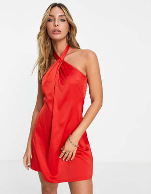 Extro & Vert Halter Neck Slip Dress In Fiery Red Satin | ModeSens
