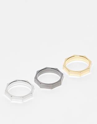 Faded Future 3 pack band rings in black, gold and silver | ASOS