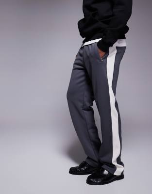 Faded Store wide leg contrast side stripe trackies in charcoal | ASOS