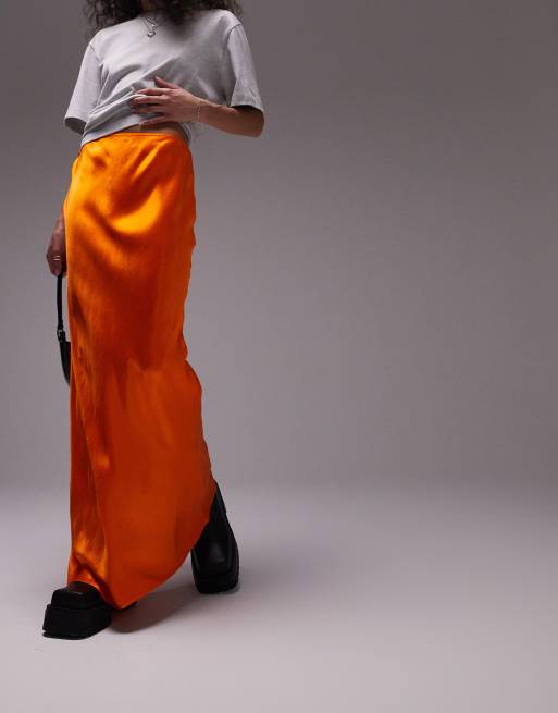 Falda Larga Naranja De Corte Al Bies De Satén De Topshop Asos