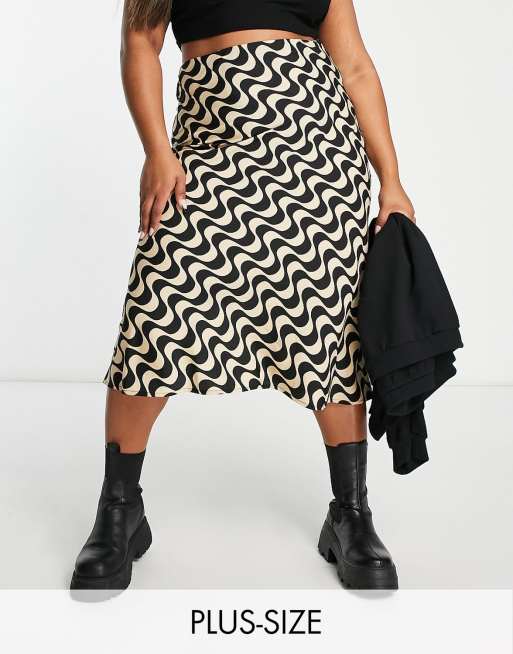 Falda Midi Color Topo De Corte Al Bies Con Estampado De Ondas De