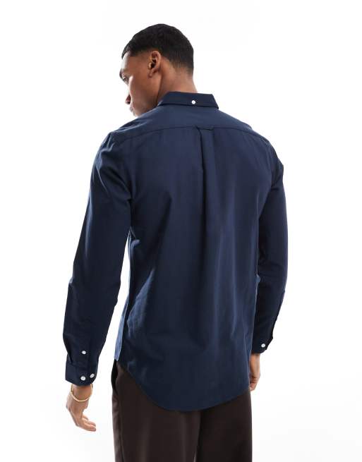 Farah Brewer slim fit long sleeve oxford shirt in navy | ASOS