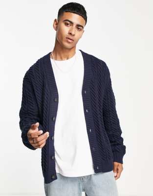 Farah Gabriel v neck cable knit cardigan in navy | ASOS