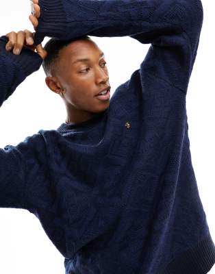 Farah roma archive textured knit crew neck sweater in navy | ASOS