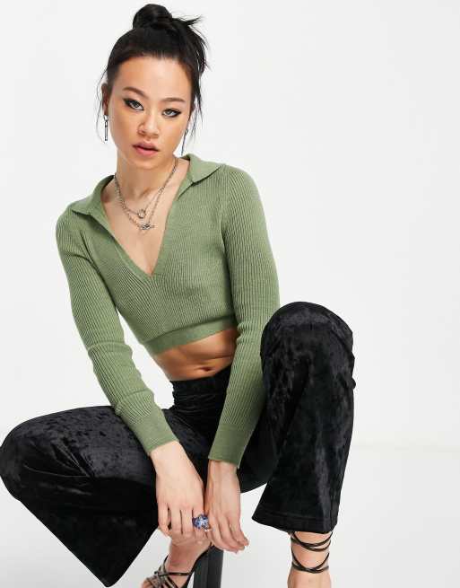 Fashionkilla knit top with tie back in khaki | ASOS