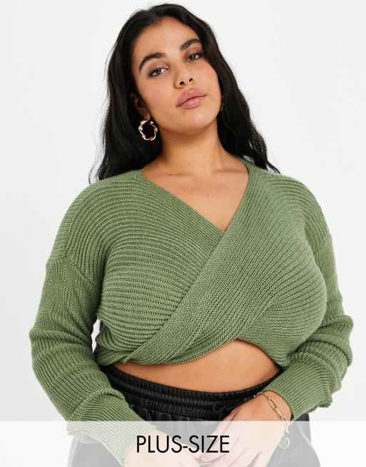 Fashionkilla Plus knitted knot front sweater in khaki | ASOS
