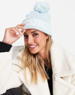 FCUK logo bobble beanie hat in ice blue | ASOS