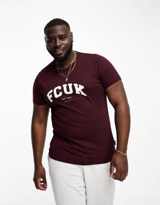 FCUK Plus varsity logo t-shirt in burgundy & white | ASOS