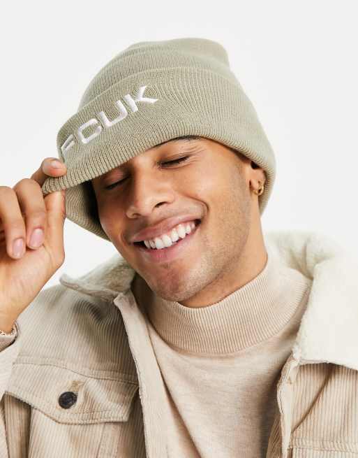 FCUK small logo beanie hat in light brown | ASOS