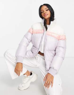 Fila colour block puffer jacket in lilac and pink | ASOS