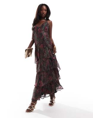 Finding Friday Printed metallic ruffle strappy shoulder maxi dress in ...