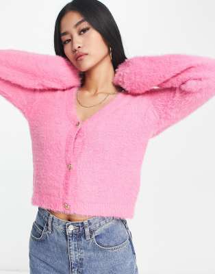 Fire & Glory Soffi heart button fluffy cardigan in pink | Smart Closet