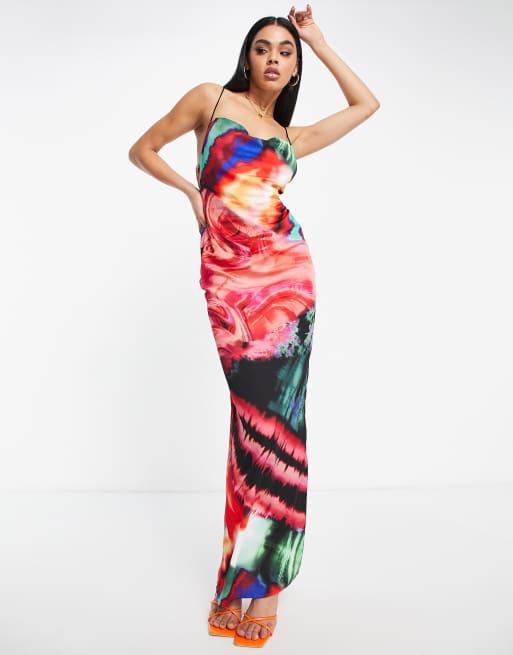 First Distraction The Label satin cowl front satin maxi dress in print ...