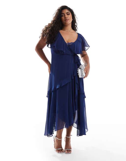 Forever New Curve lace ruffle satin midaxi dress in navy | ASOS