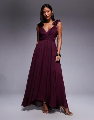 Forever New Petite - Vestito color porto con volant sulle spalle e ...
