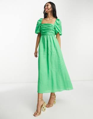 Forever New puff sleeve midi dress in green | ASOS