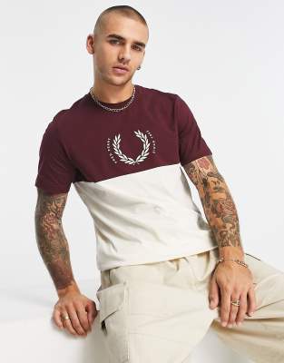 Fred Perry circle branding color block t-shirt in burgundy | ASOS