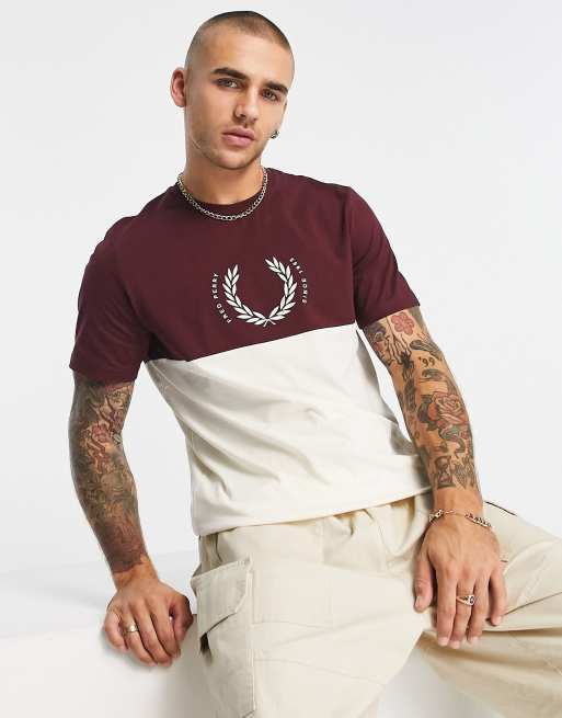 Fred Perry circle branding color block t-shirt in burgundy | ASOS