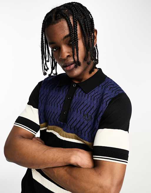 Fred Perry - Gebreid overhemd met argyle panelen in Frans marineblauw ... Fred Perry - Gebreid overhemd met argyle panelen in Frans marineblauw ...