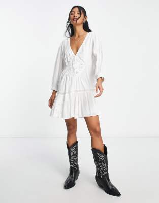Free People broderie detail boho smock dress in white | ASOS