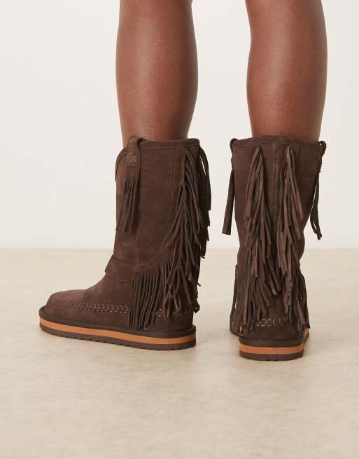 Free People faye fringe pull-on boots in chocolate brown | ASOS