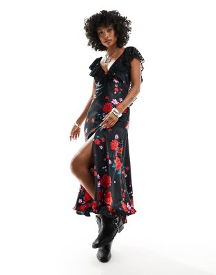 Free People rose bloom print ruffle edged midi dress in black | ASOS