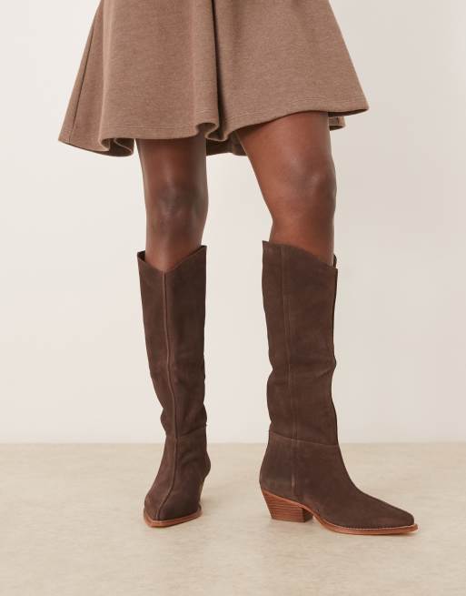 Free People suede slouch cowboy boots in fudge | ASOS