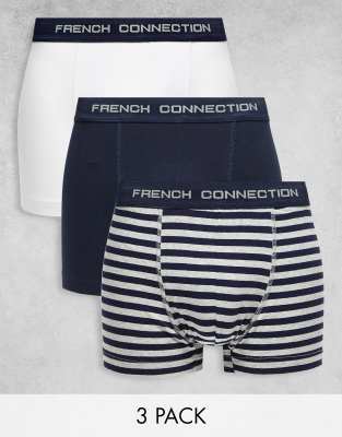 French Connection 3 pack boxers in white blue and black stripe | ASOS