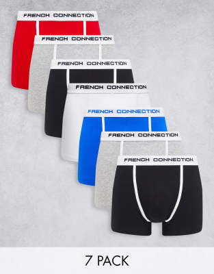 French Connection 7 pack boxers in black white blue red and gray | ASOS