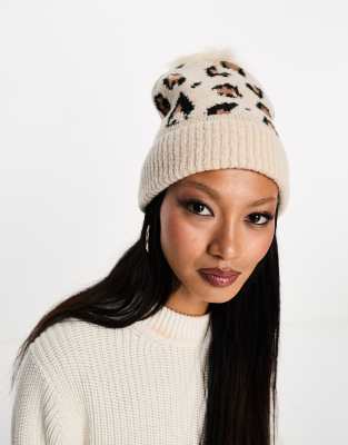 French Connection Animal Print Bobble Hat In Cream-white | ModeSens