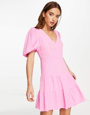 French Connection birch gingham tiered dress in pink | ASOS
